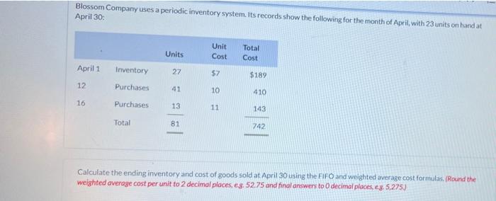 Solved Blossom Company uses a periodic inventory system. Its | Chegg.com