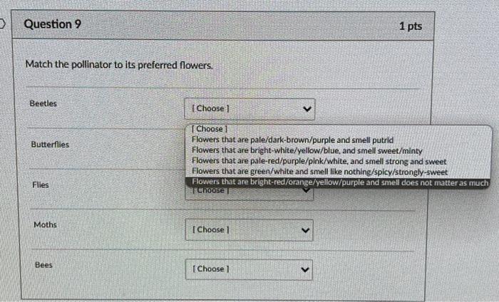 Solved Match the pollinator to its preferred flowers. | Chegg.com