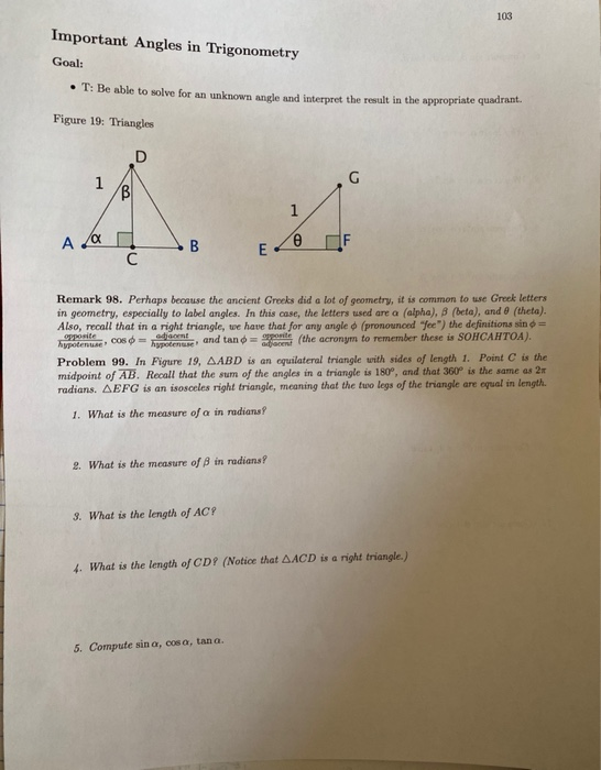 Solved Important Angles in Trigonometry Goal: • T: Be able | Chegg.com