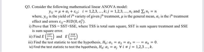 Solved Q3. Consider the following mathematical linear ANOVA | Chegg.com