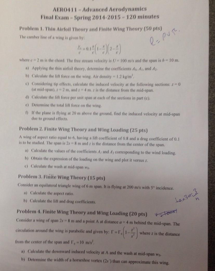 ARRO411 - Advanced Aerodynamics Final Exam - Spring | Chegg.com