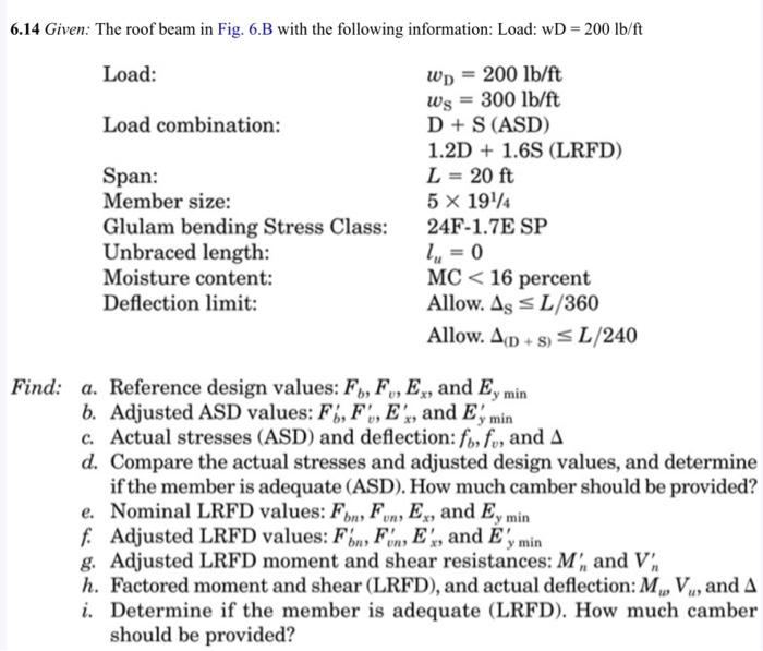 Solved 6.14 Given: The roof beam in Fig. 6.B with the | Chegg.com