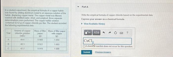 Solved In a student experiment, the empirical formula of a | Chegg.com
