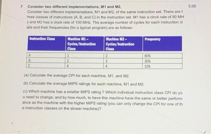 Solved 7 5.00 Consider two different implementations, M1 and | Chegg.com