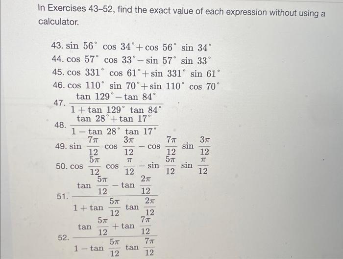 Solved In Exercises 43-52, find the exact value of each | Chegg.com
