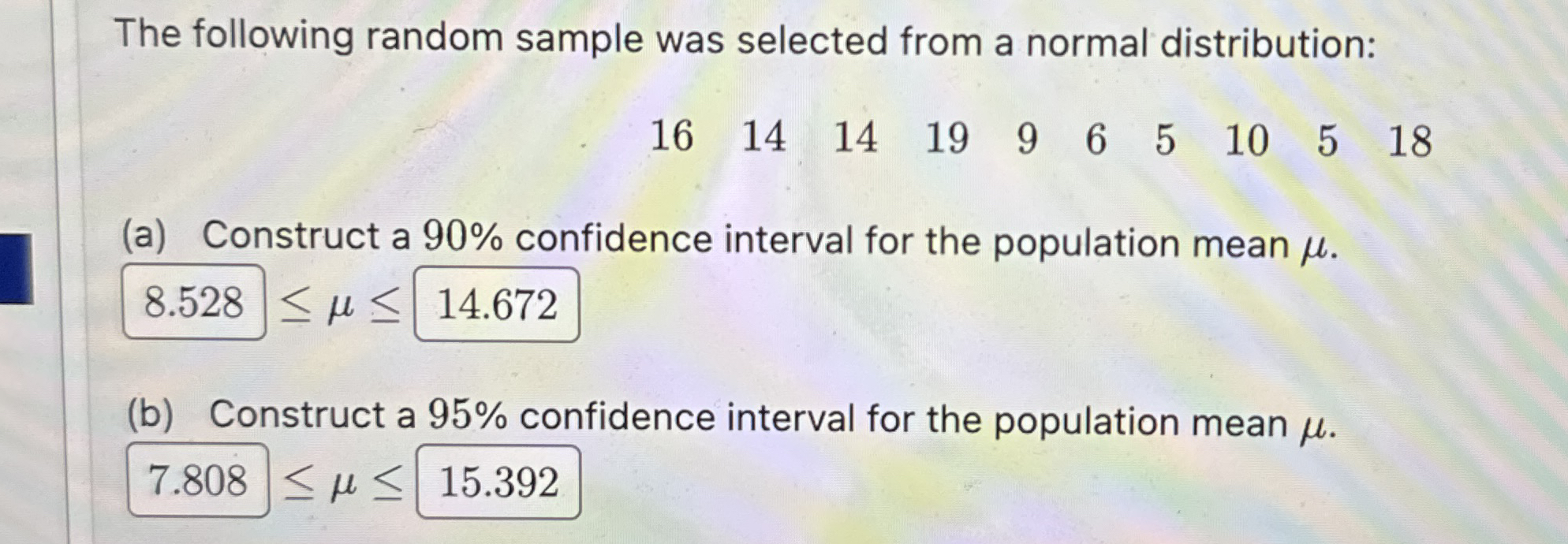 Solved The following random sample was selected from a | Chegg.com