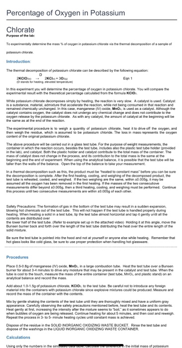 Solved Percentage of Oxygen in Potassium Chlorate Purpose of | Chegg.com