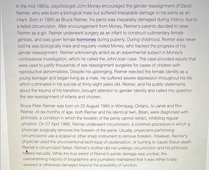 Solved In the mid-1960s, psychologist John Money encouraged | Chegg.com