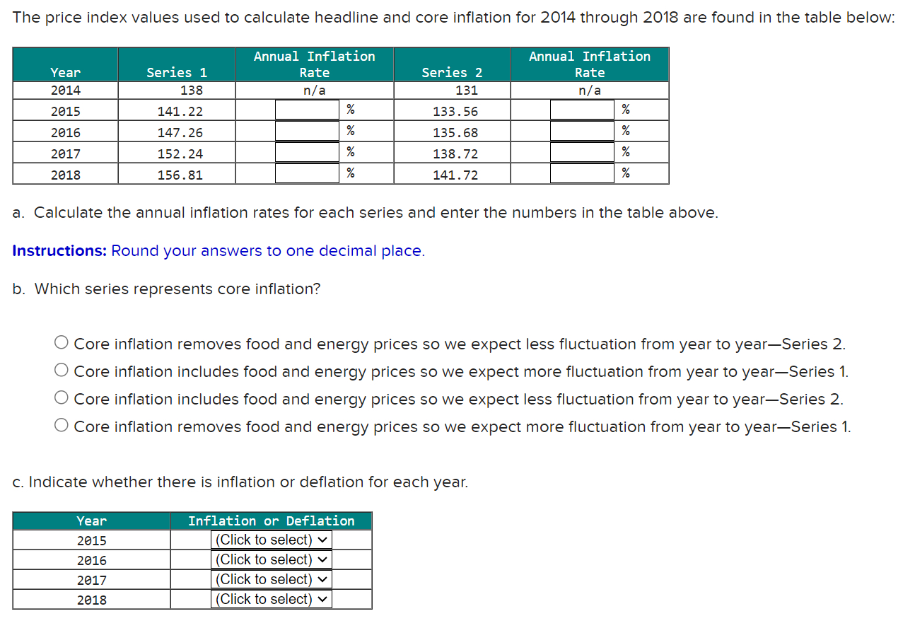 Solved The price index values used to calculate headline and | Chegg.com