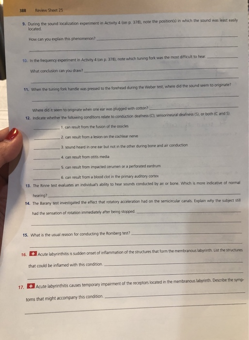 Solved 388 Review Sheet 25 9. During the sound localization | Chegg.com