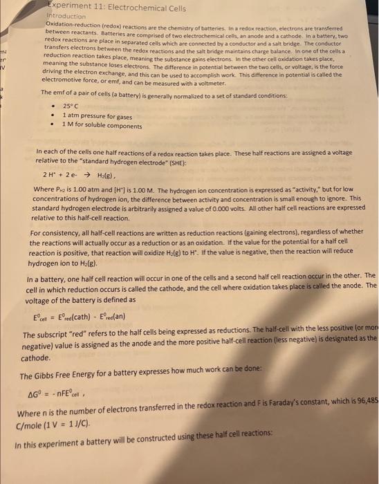 Experiment 11: Electrochemical Cells introduction | Chegg.com