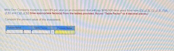 Solved Mike Derr Company expects to earn 8% per year on an | Chegg.com