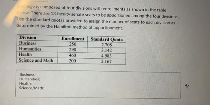 Solved A college is composed of four divisions with | Chegg.com