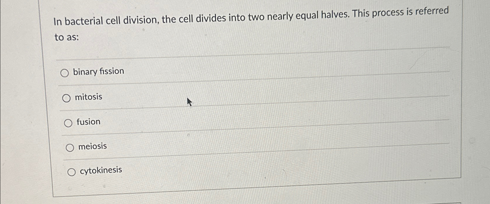 Solved In bacterial cell division, the cell divides into two | Chegg.com