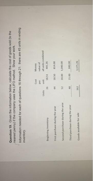 Solved Question 19. Given the information below, calculate | Chegg.com