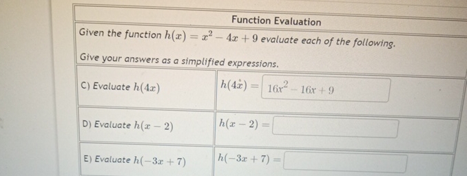 Solved Function Evaluationgiven The Function Hxx2 4x9 0802