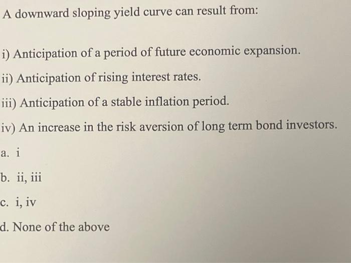 Solved A downward sloping yield curve can result from: i) | Chegg.com