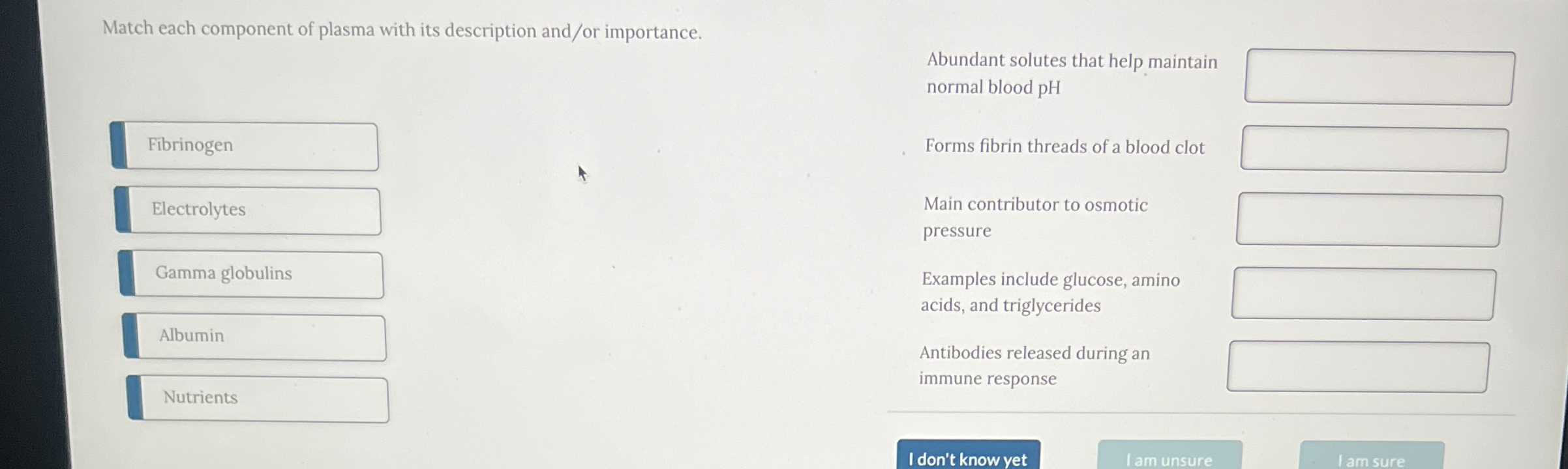 Solved Match each component of plasma with its description | Chegg.com