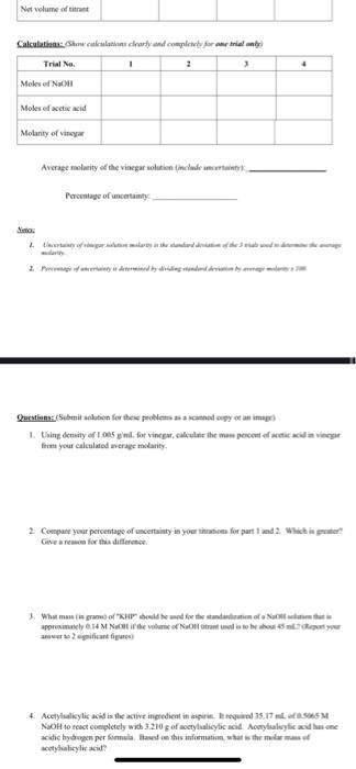 Chemistry 101 TITRATION Report Form Part | Chegg.com Chemistry 101 TITRATION Report Form Part | Chegg.com
