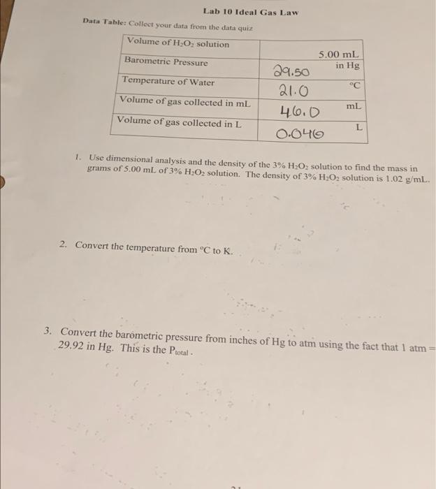 Solved Lab 10 Ideal Gas Law Data Table: Collect your data | Chegg.com