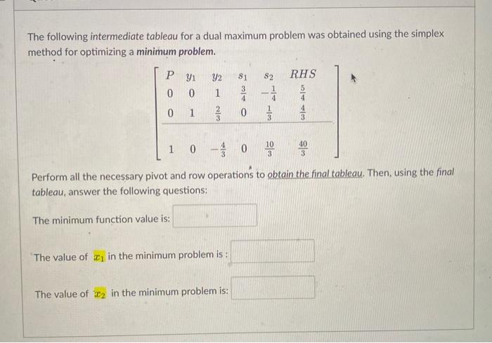 Solved The following intermediate tableau for a dual maximum | Chegg.com