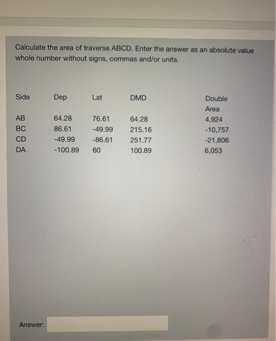 Solved Calculate the area of traverse ABCD. Enter the answer | Chegg.com