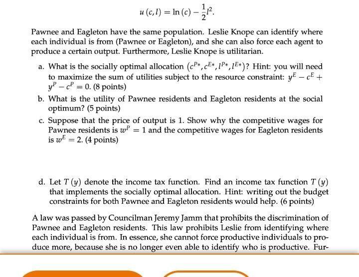 Solved u (C, 1) = In (c) – . Pawnee and Eagleton have the | Chegg.com