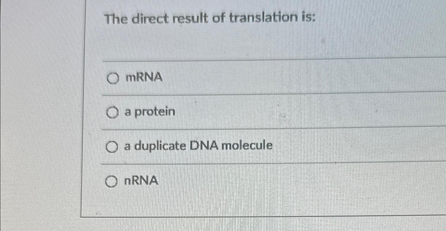 Solved The direct result of translation is:mRNAa proteina | Chegg.com