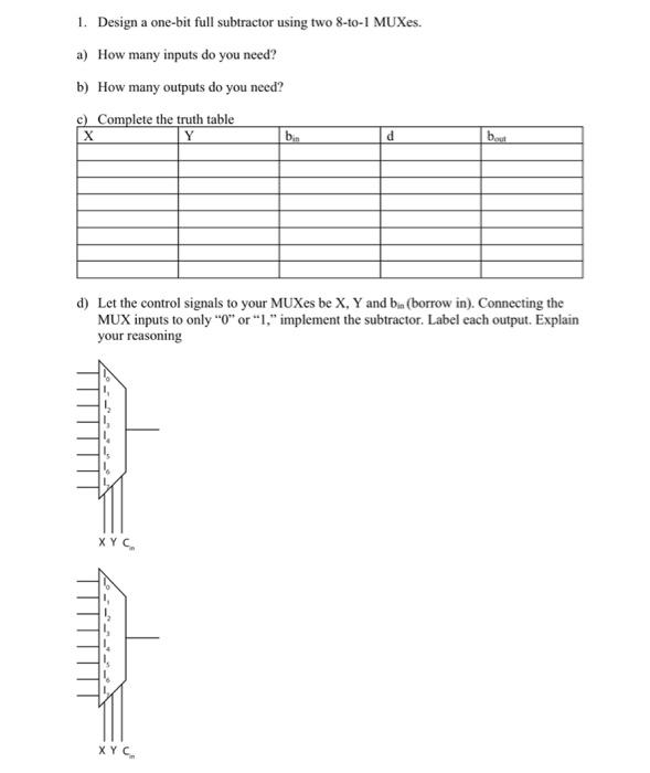 Solved 1. Design a one-bit full subtractor using two 8-to-1 | Chegg.com