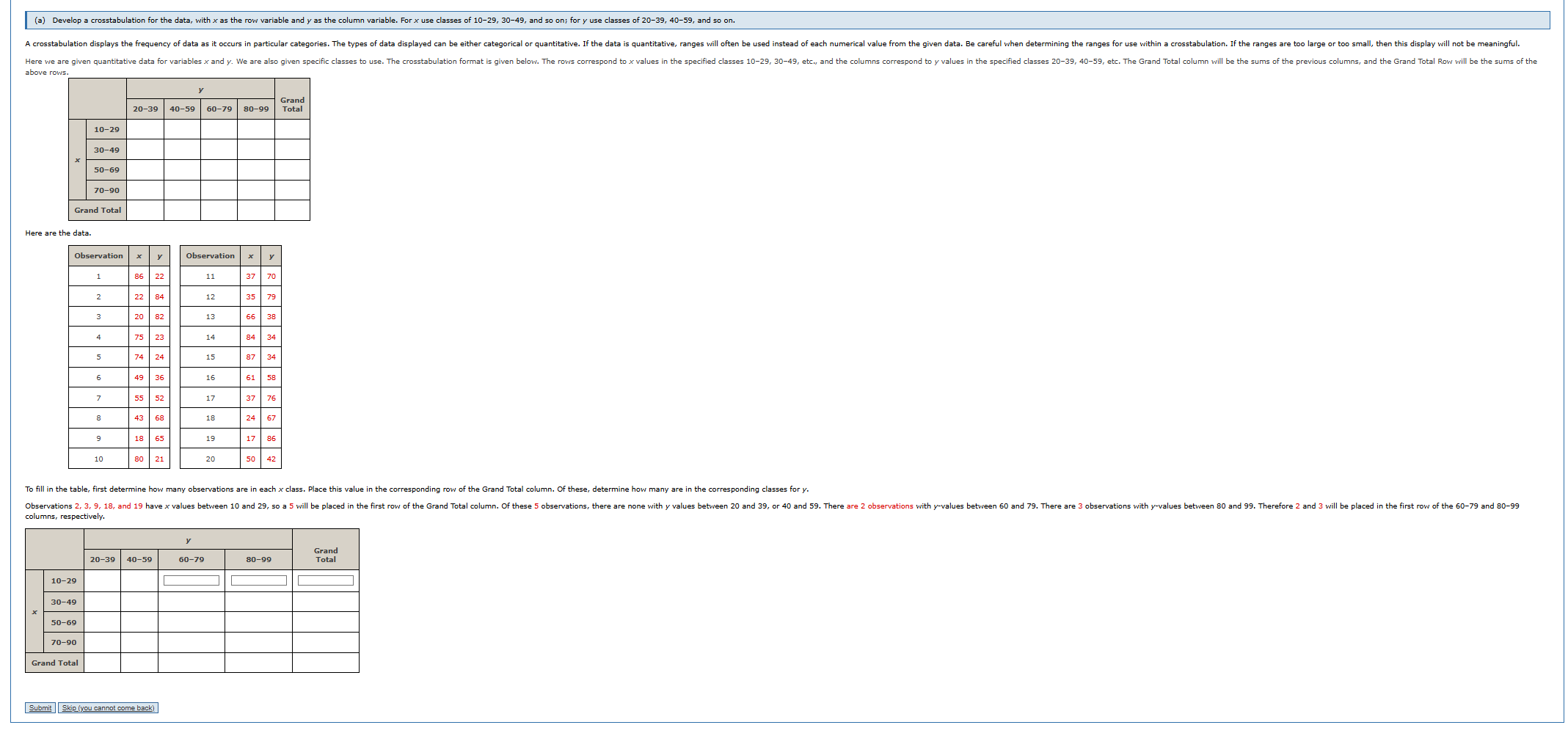 Solved (a) ﻿Develop a crosstabulation for the data, with x | Chegg.com