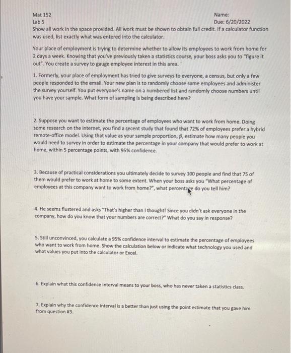Solved Mat 152 Lab 5 Name: Due: 6/20/2022 Show all work in | Chegg.com