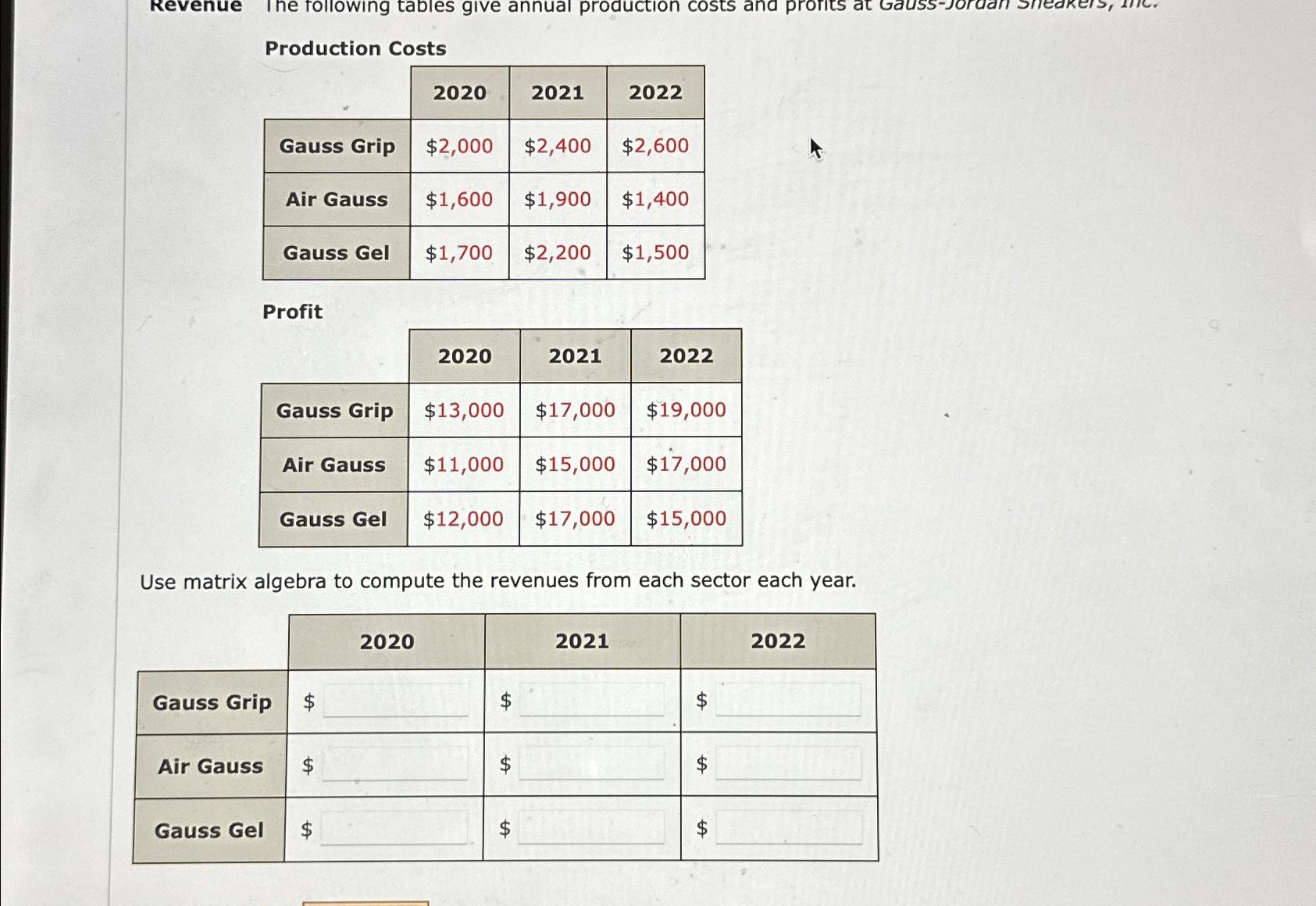 Solved Production Costs\table[[,2020,2021,2022 | Chegg.com