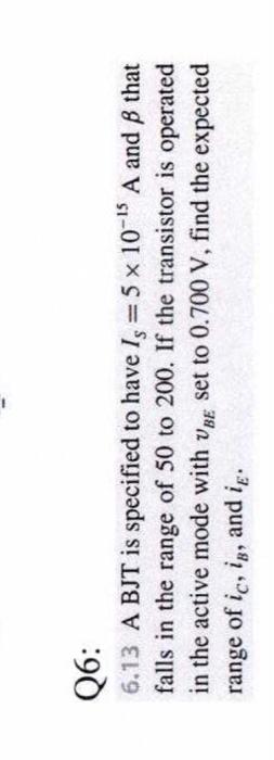 Solved Q6: 6.13 A BJT is specified to have IS=5×10−15 A and | Chegg.com