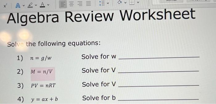 Solved ilil x Ave. Av Algebra Review Worksheet Solve the | Chegg.com