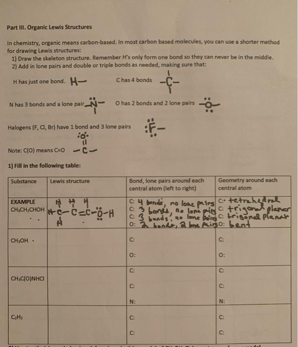 Solved Part III. Organic Lewis Structures In chemistry, | Chegg.com