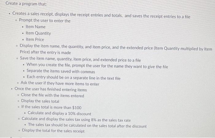 Solved - Creates a sales receipt, displays the receipt | Chegg.com