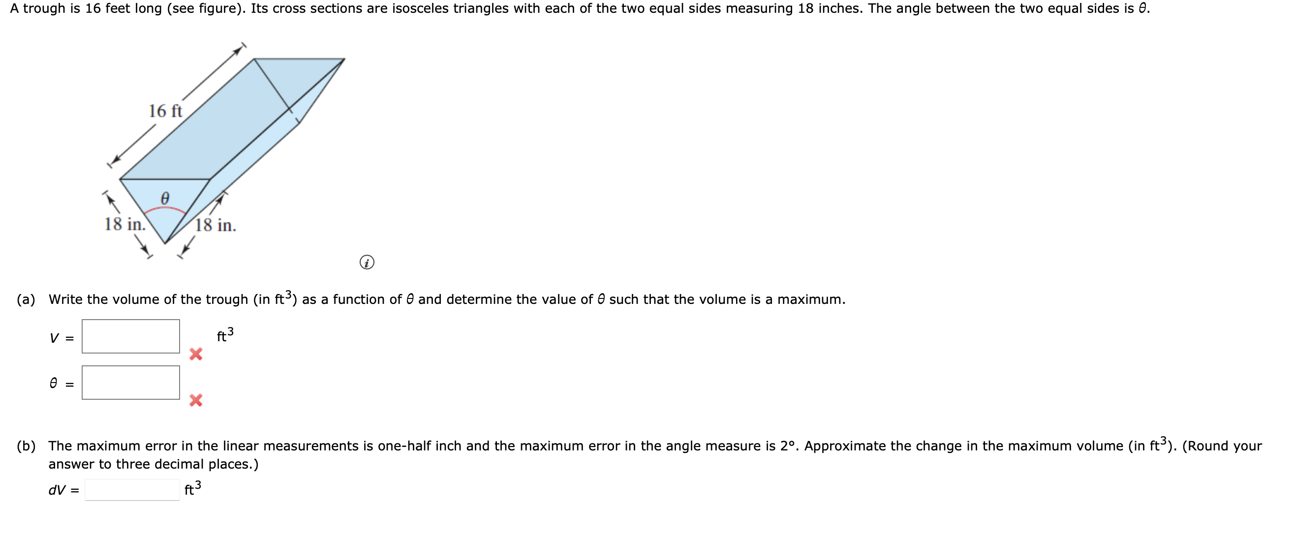 Solved (a) ﻿Write the volume of the trough (in ft3 ) ﻿as a | Chegg.com