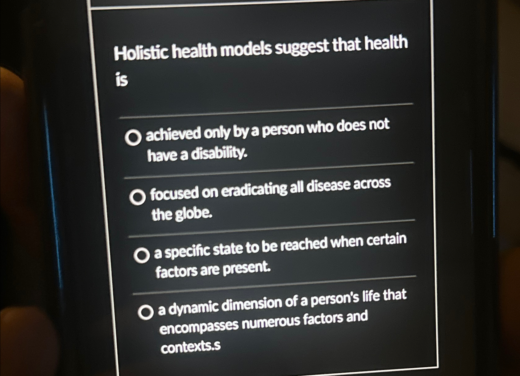 Solved Holistic health models suggest that health isachieved | Chegg.com