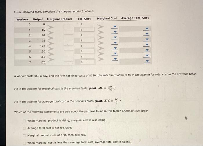 Solved In the following table, complete the marginal product | Chegg.com