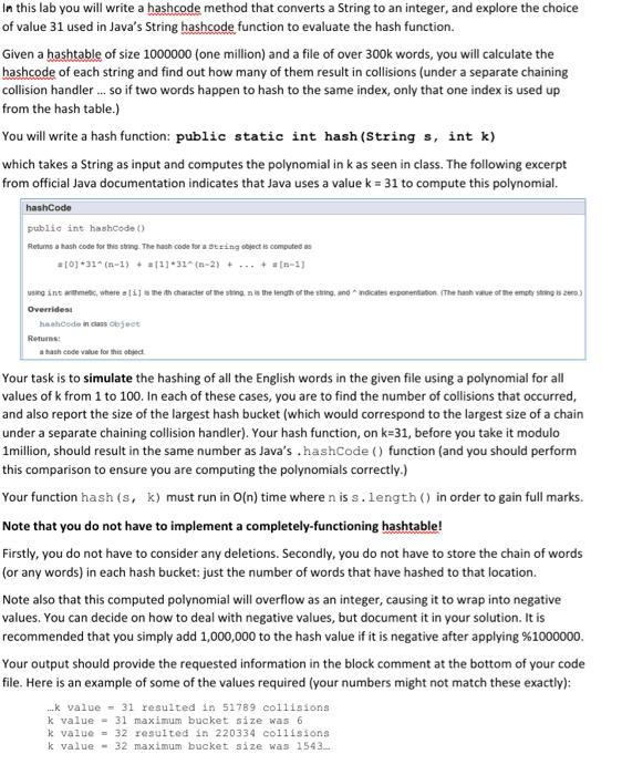 Solved In this lab you will write a hashcode method that | Chegg.com
