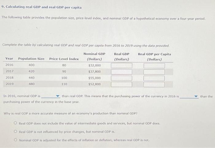 Solved 9. Calculating real GDP and real GDP per capita The | Chegg.com