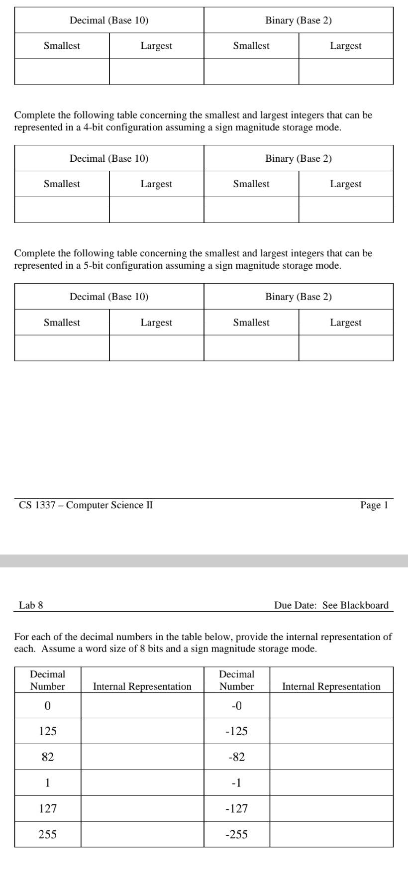 Solved Decimal (Base 10) Binary (Base 2) Smallest Largest | Chegg.com