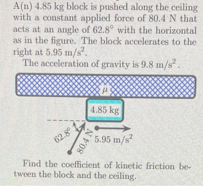 Solved A(n)4.85 kg block is pushed along the ceiling with a | Chegg.com