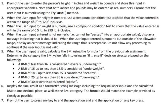 Solved Here is my code so far:namespace BMI{ public | Chegg.com