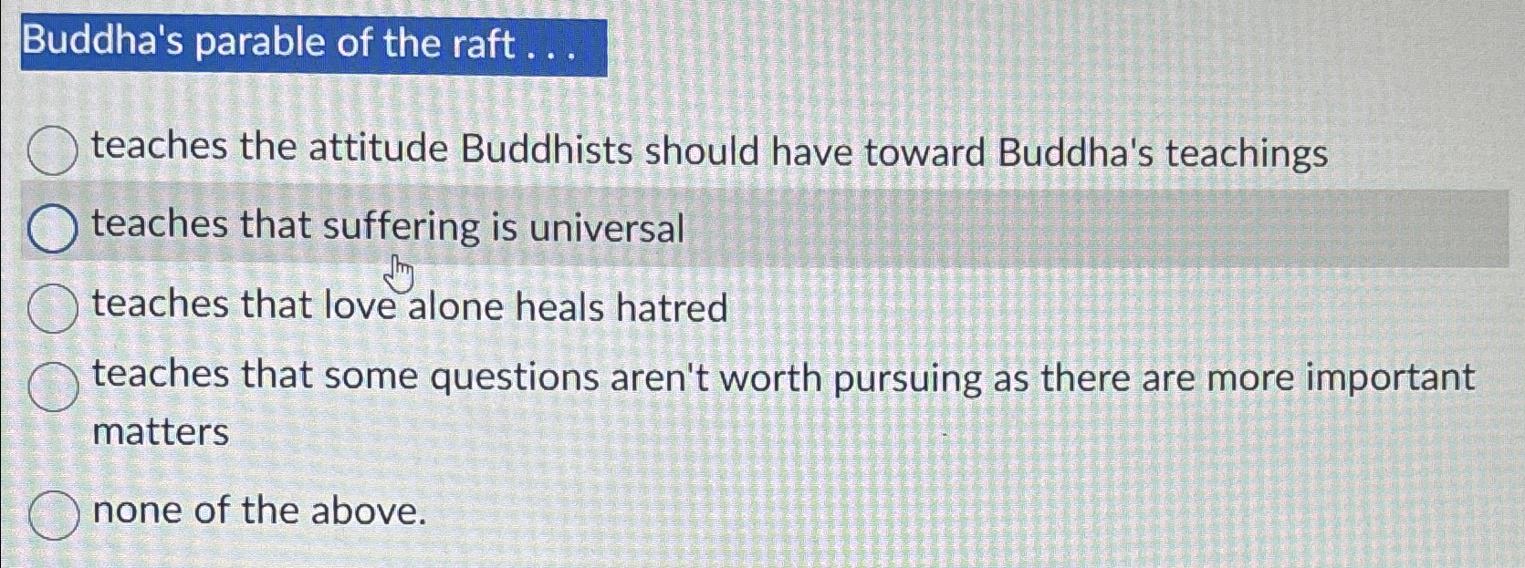 Solved Buddha's parable of the raft ...teaches the attitude | Chegg.com
