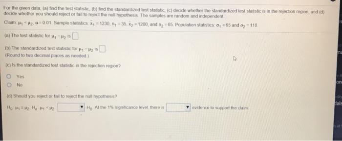 Solved For the given dat, (a) find the test statistic, (b) | Chegg.com