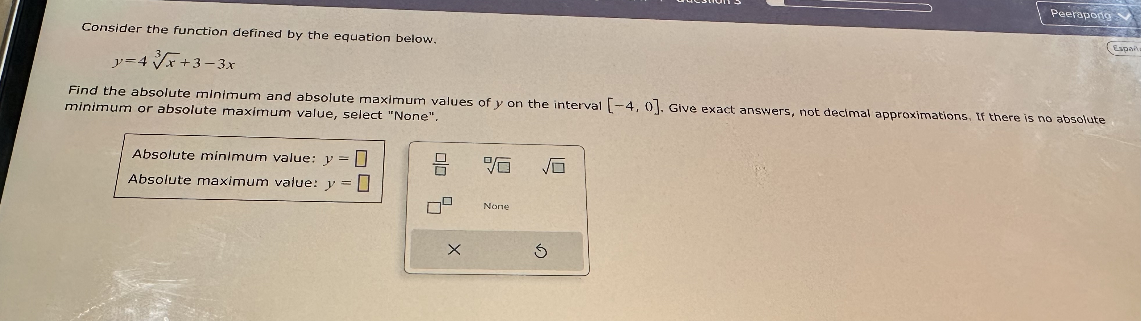 Solved y=4x3+3-3xFind the absolute minimum and absolute | Chegg.com