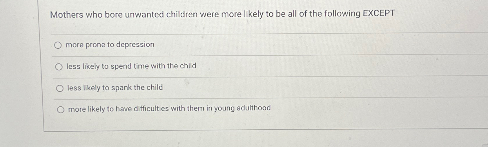 Solved Mothers who bore unwanted children were more likely | Chegg.com