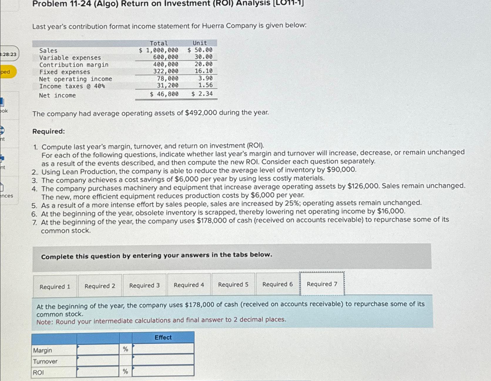 Solved Problem 11-24 (Algo) ﻿Return on Investment (ROI) | Chegg.com
