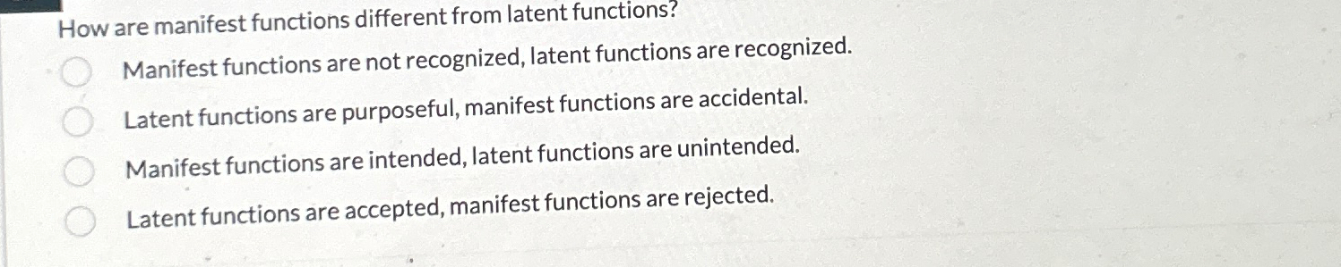 Solved How are manifest functions different from latent | Chegg.com Solved How are manifest functions different from latent | Chegg.com